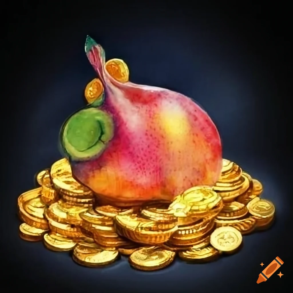 Sculpture of fruit made from gold coins