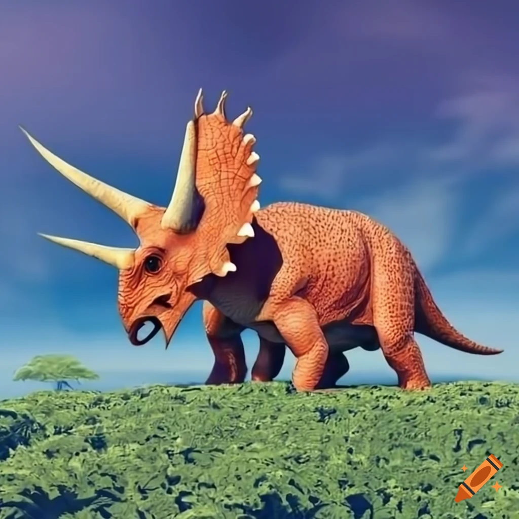 Illustration of a large orange triceratops in a sunny forest on Craiyon