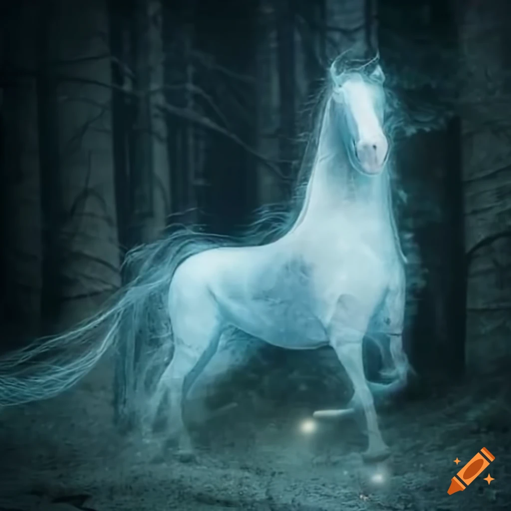 Image of a ghostly horse in a haunted forest on Craiyon