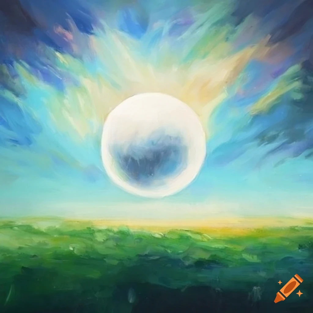 Oil painting of a shining white orb over a field