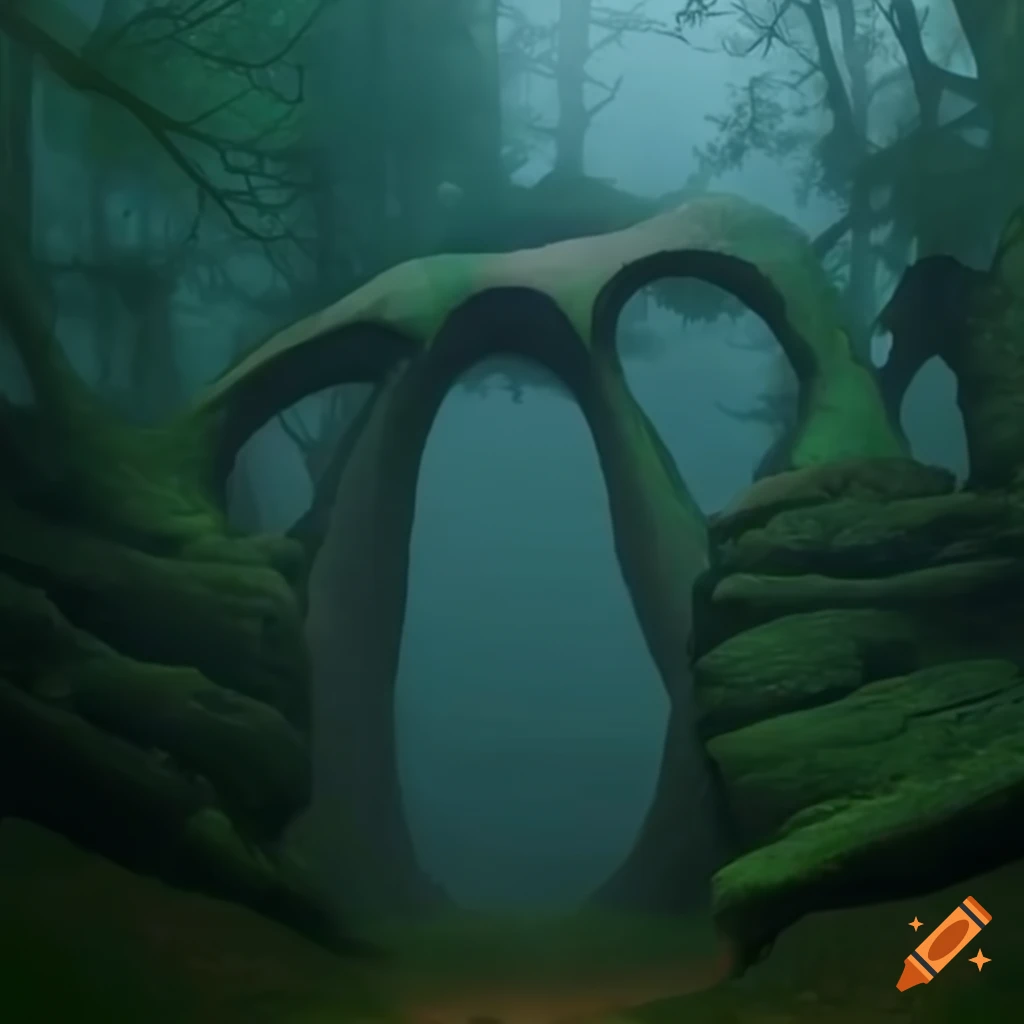 Enchanted forest with a mysterious stone structure on Craiyon