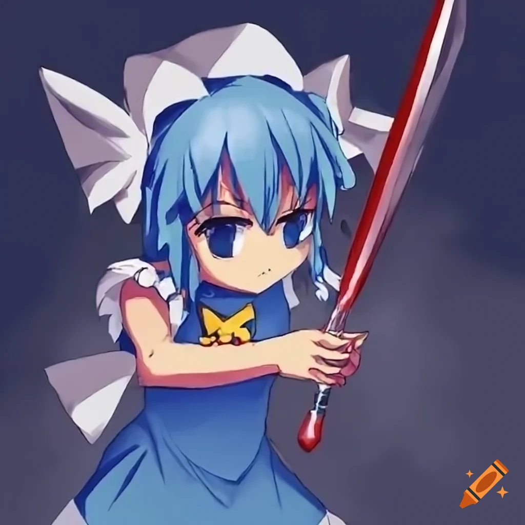Cirno from touhou with a scarlet sword