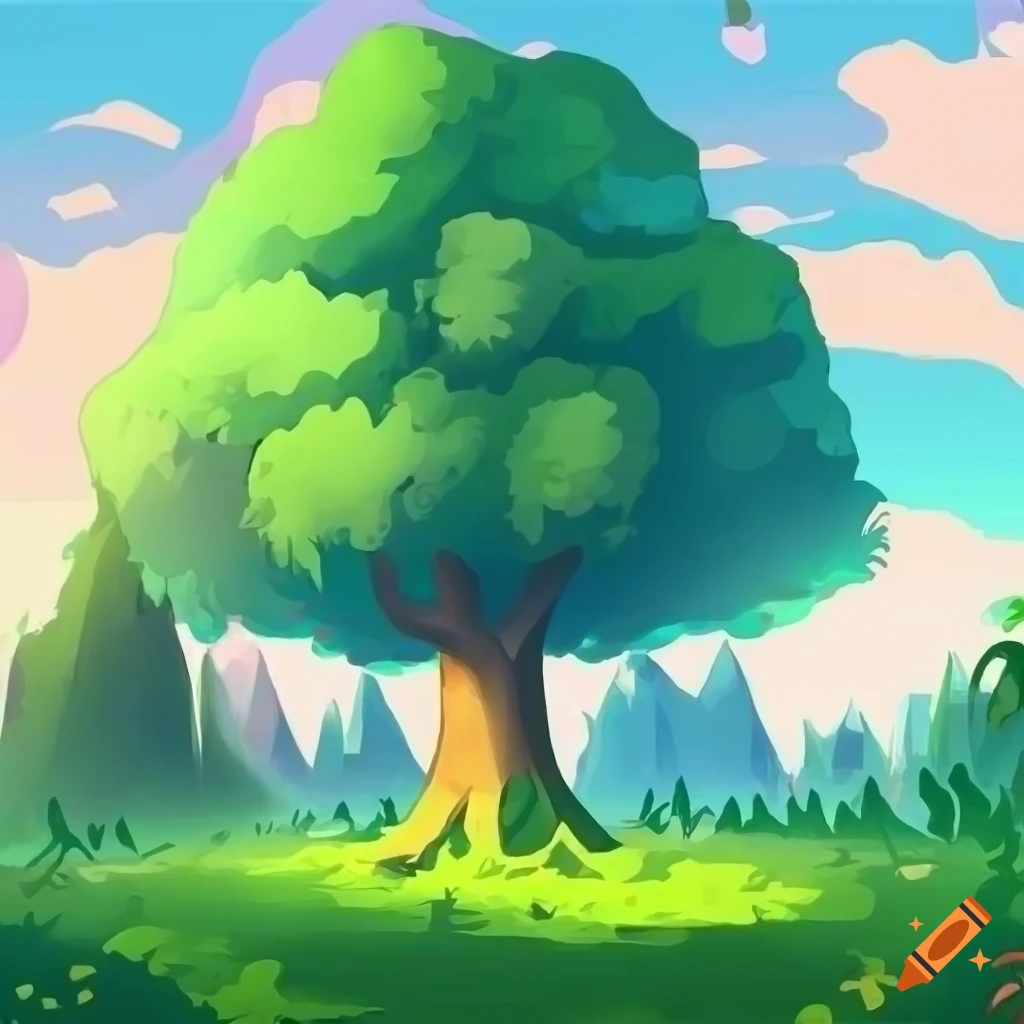 Cartoony background with connected tall trees
