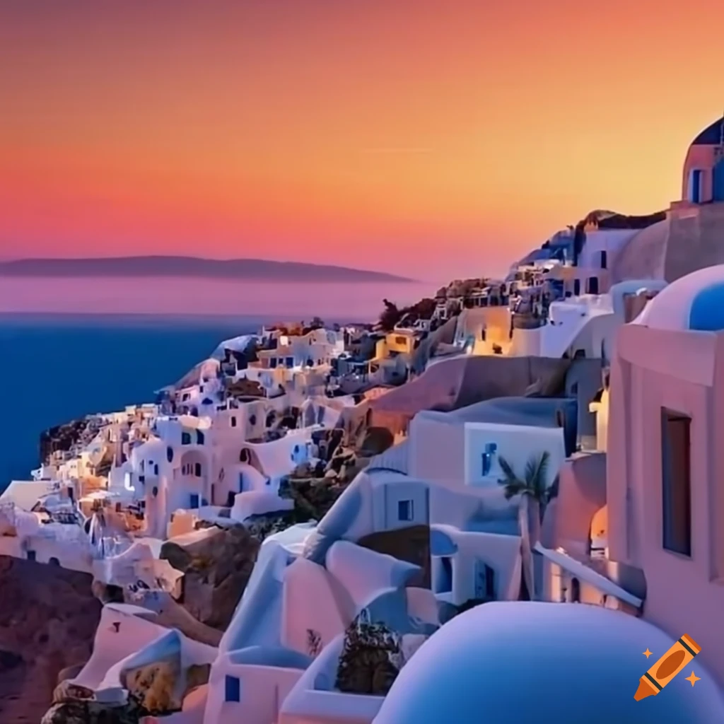 Sunset over the houses in santorini, greece