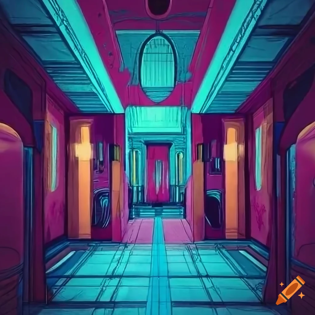 Abandoned asylum lobby with retro 80s design on Craiyon