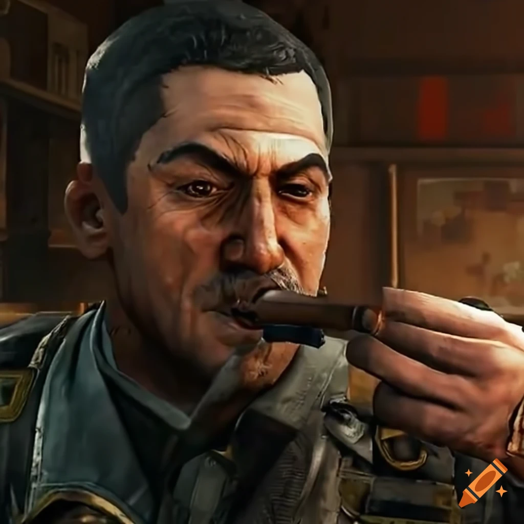 Raul Menendez smoking a cigar in Call of Duty Black Ops 2 on Craiyon