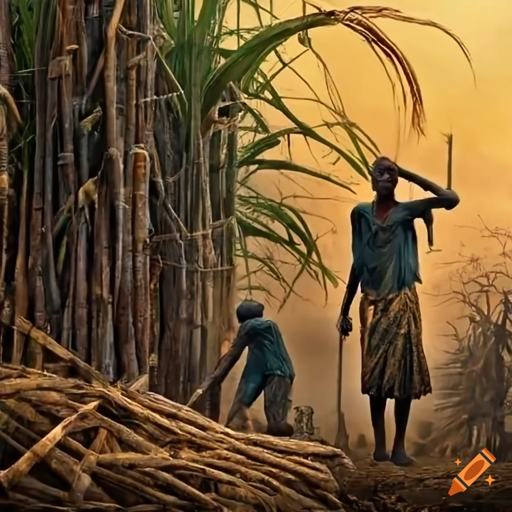Dramatic depiction of African slaves harvesting sugar cane on Craiyon