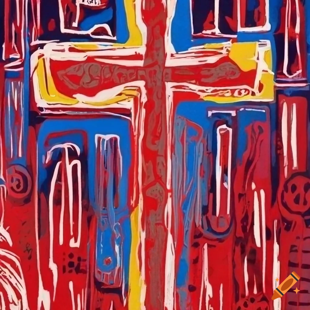 Vibrant linocut artwork with a blood red Christian cross on Craiyon
