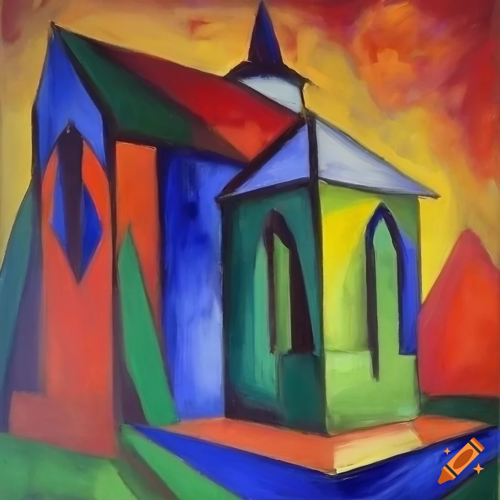 Cubistic oil painting of a church