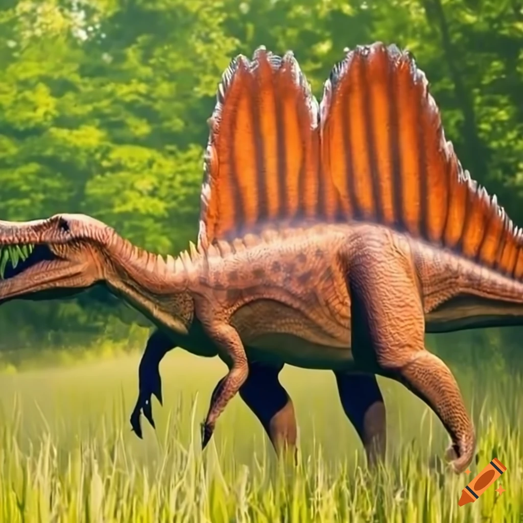 Image of a large orange spinosaurus in tall grass