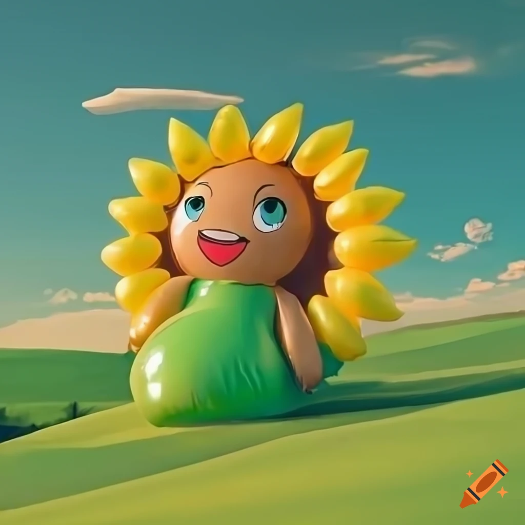Cartoony inflatable sunflower sitting on a green hill on Craiyon
