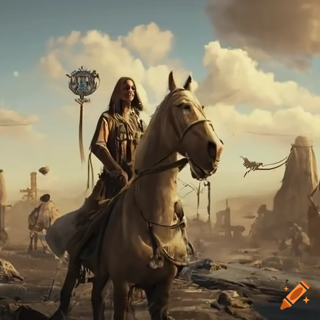 Post-apocalyptic campaign with people on horseback on Craiyon