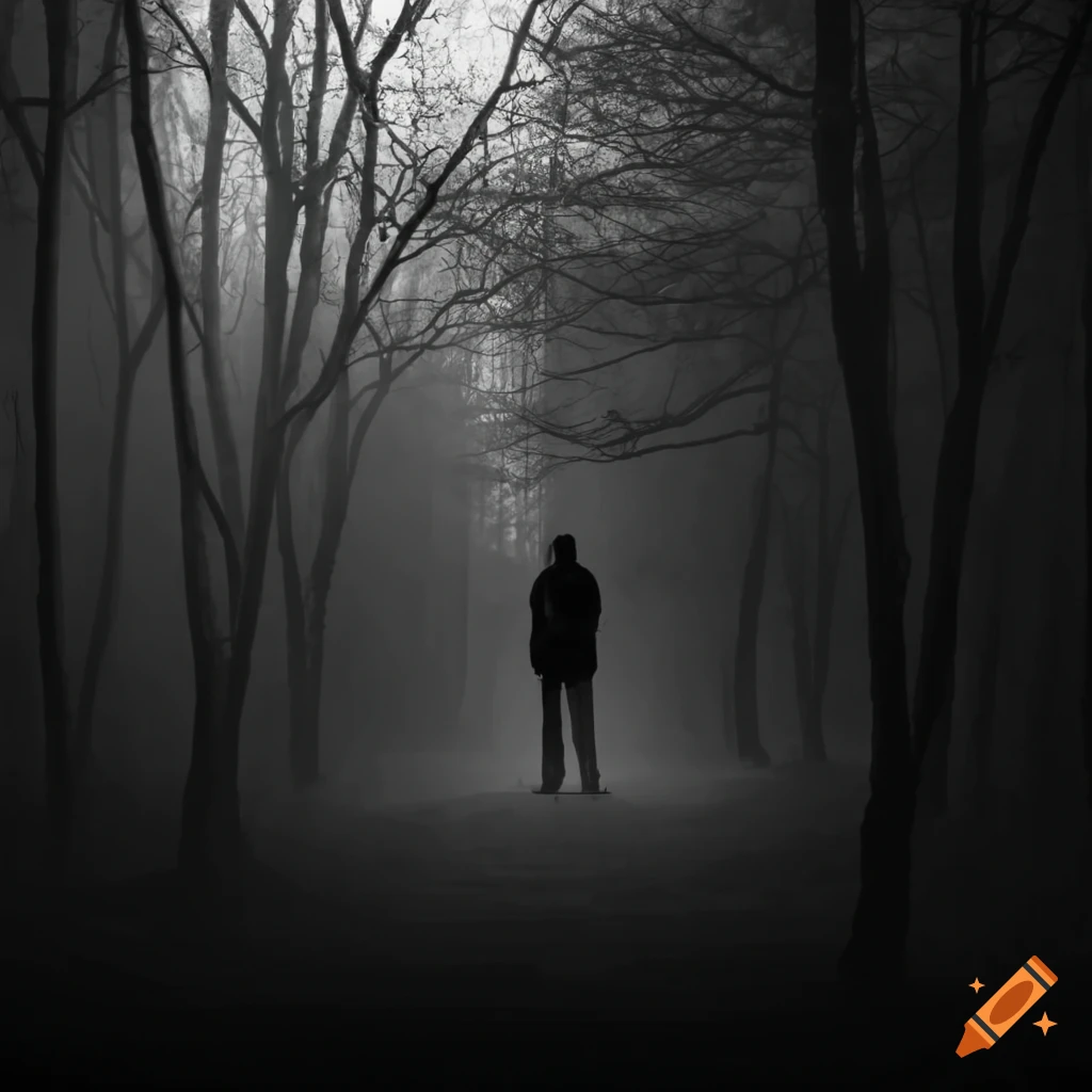 Silueta de un hombre en un bosque tenebroso