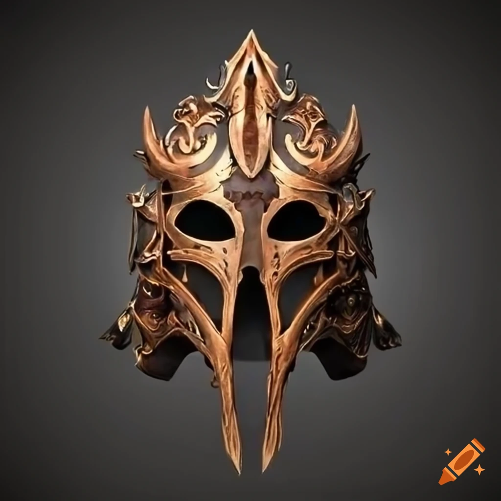 Symmetrical leather helm with intricate fantasy design