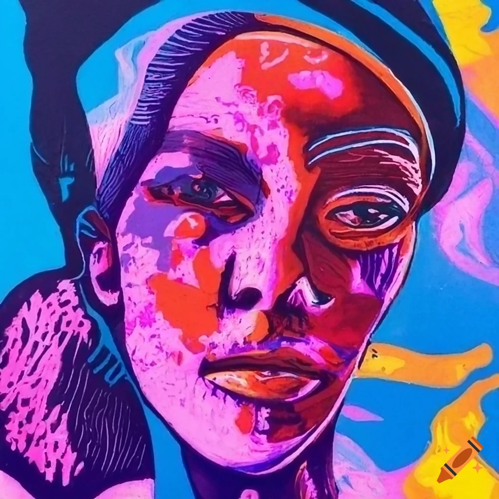 Linocut artwork with vibrant colors