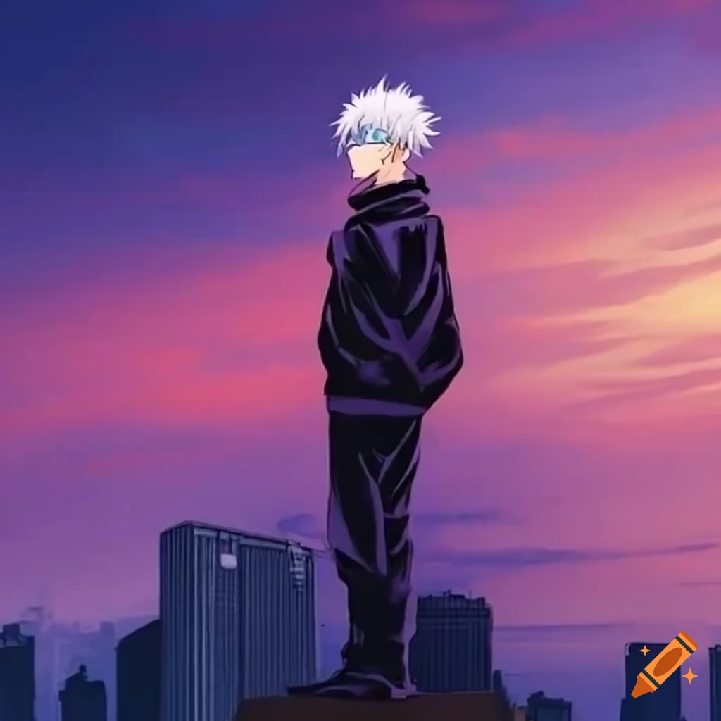 Gojo from jujutsu kaisen standing on a skyscraper