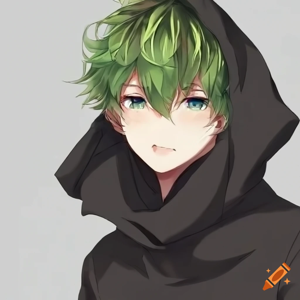 Anime guy with fluffy moss-colored hair and black hoodie on Craiyon