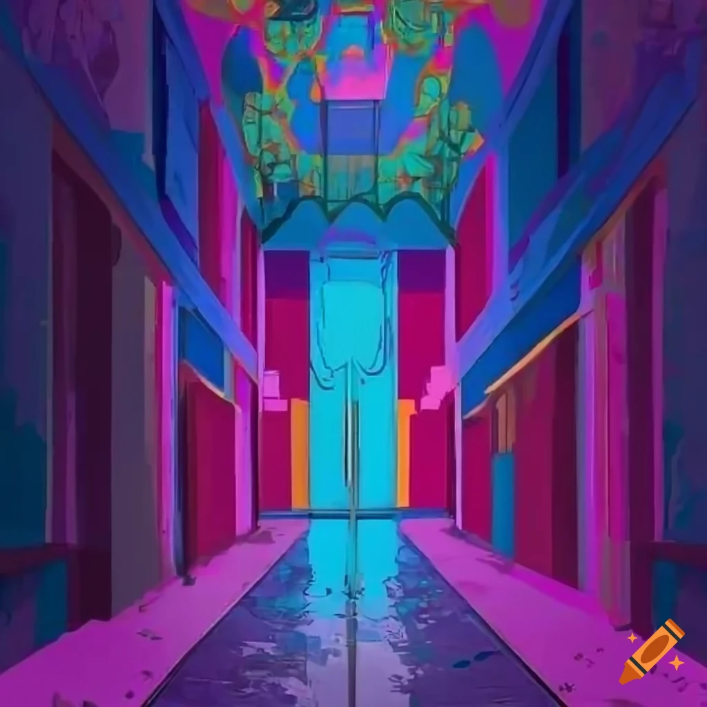 Abandoned asylum lobby with retro 80s design on Craiyon