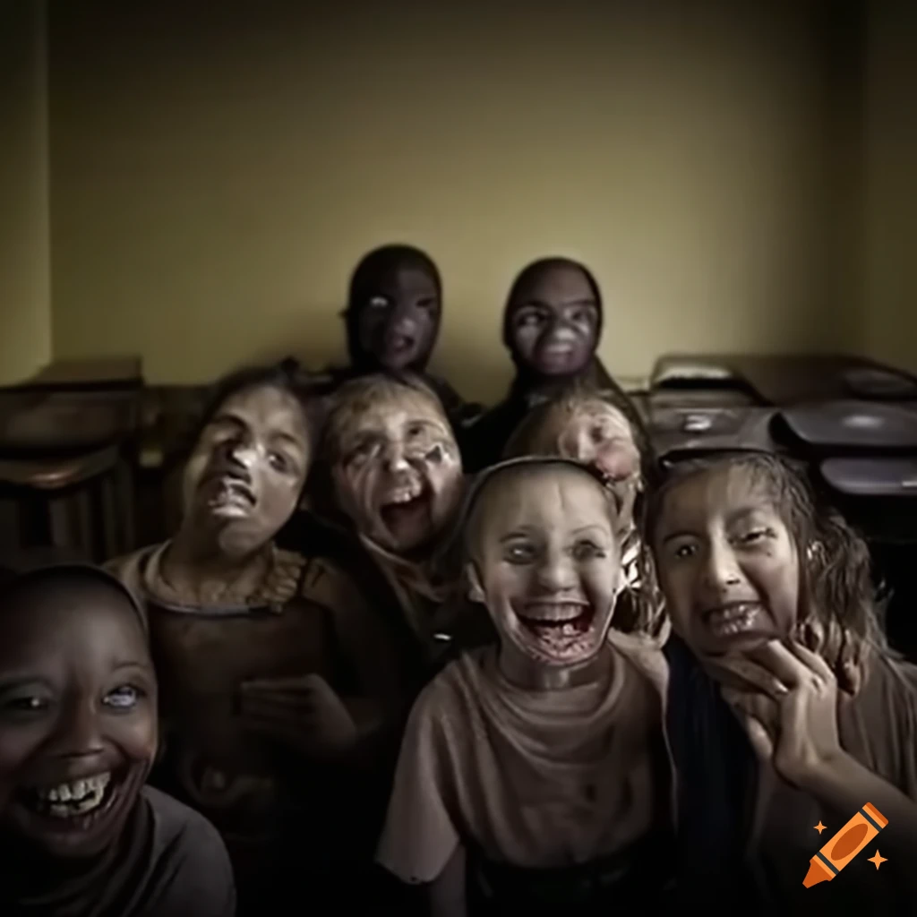 Creepy students with wide smiles in a classroom on Craiyon