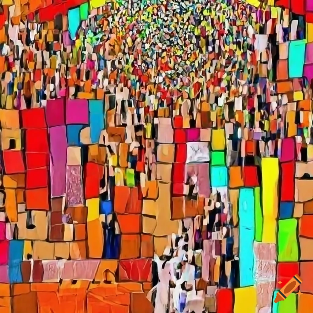 Abstract mosaic painting of a crowd in a maze