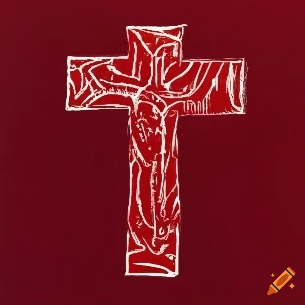 Vibrant linocut artwork with blood red christian cross on Craiyon