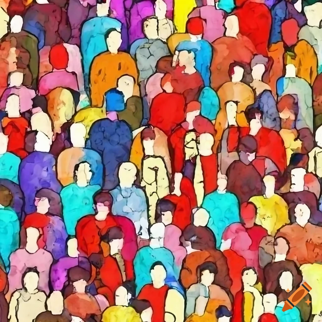 Abstract mosaic painting of a crowd in a maze