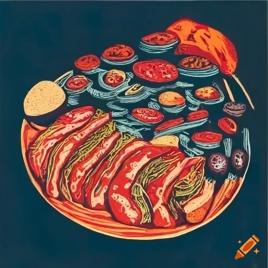 Vibrant linocut art of a meal on Craiyon