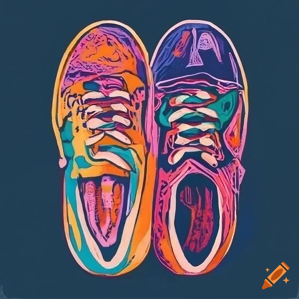 Vibrant linocut artwork with sneakers
