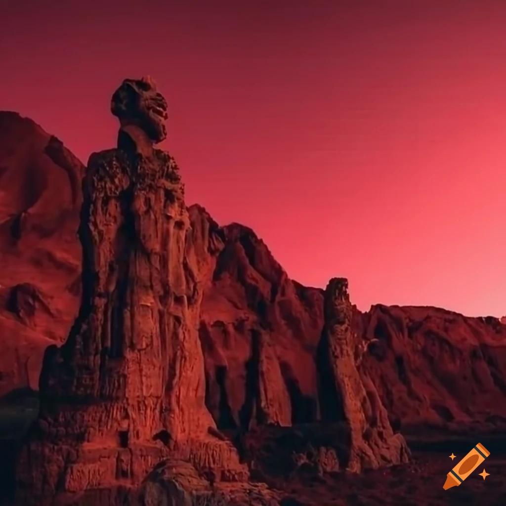 Dark red stony desert with horror demon statues