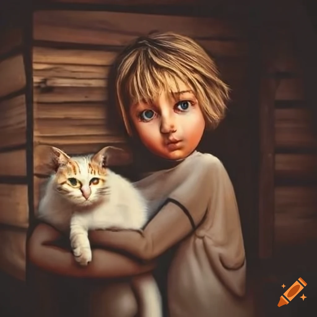 Child carrying a cat near a wooden hut