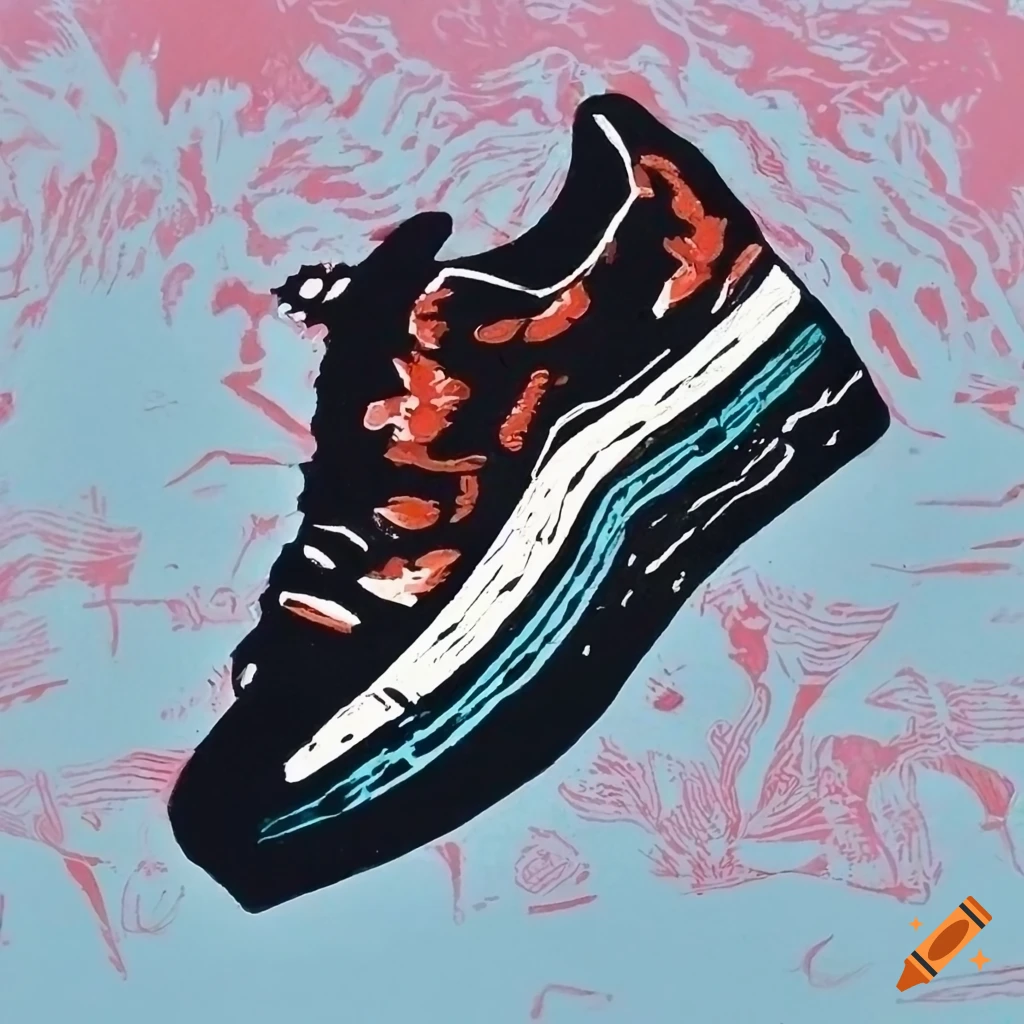 Vibrant linocut artwork of sneakers