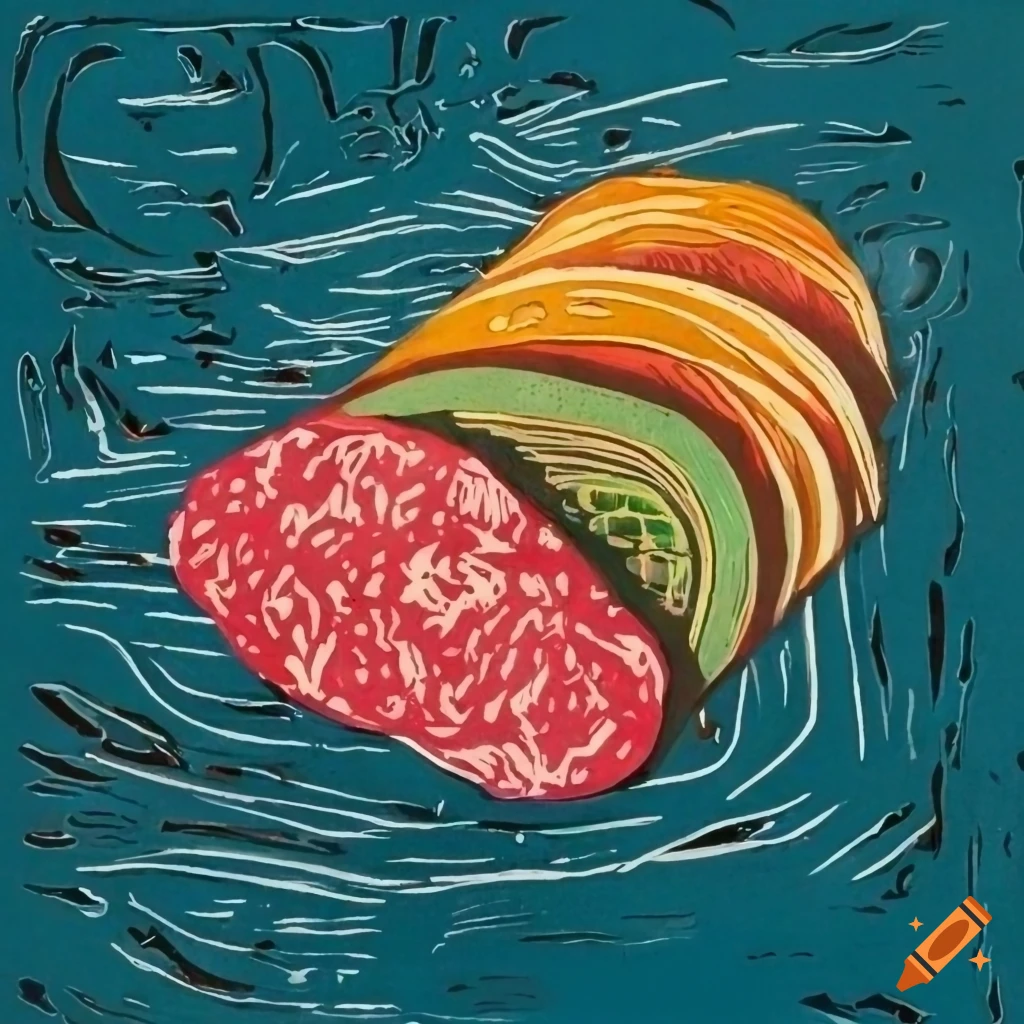 Vibrant linocut artwork of fresh processed food on Craiyon