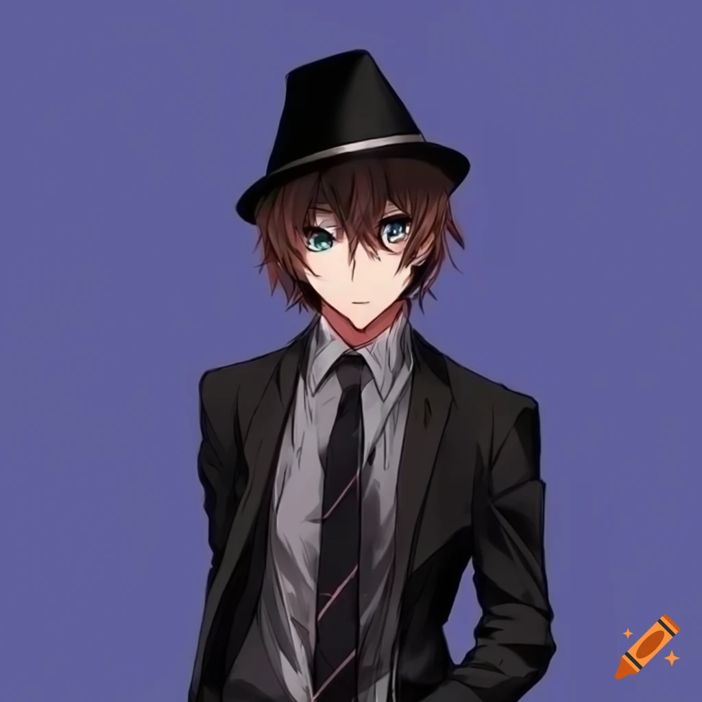 Anime character with brown hair wearing black suit and fedora