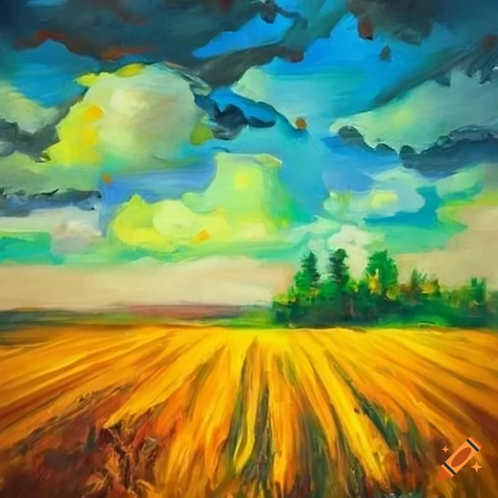 Oil painting of crops growing in a sunny field