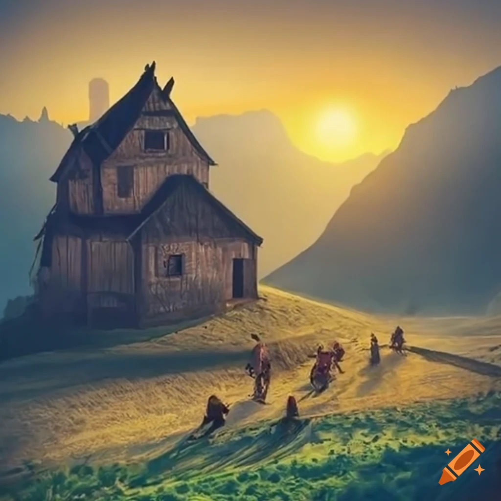 Medieval fantasy wheat farm with workers in the fields on Craiyon