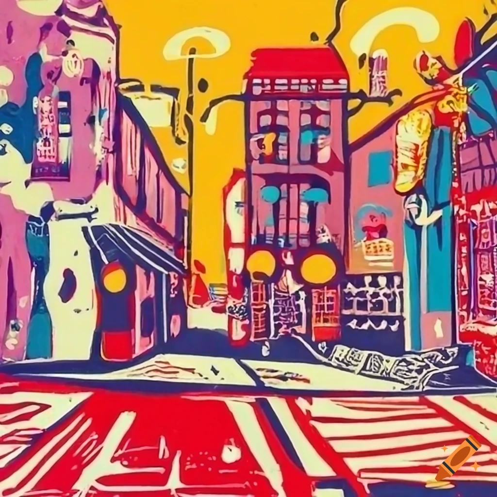 Vibrant linocut artwork in urban streets