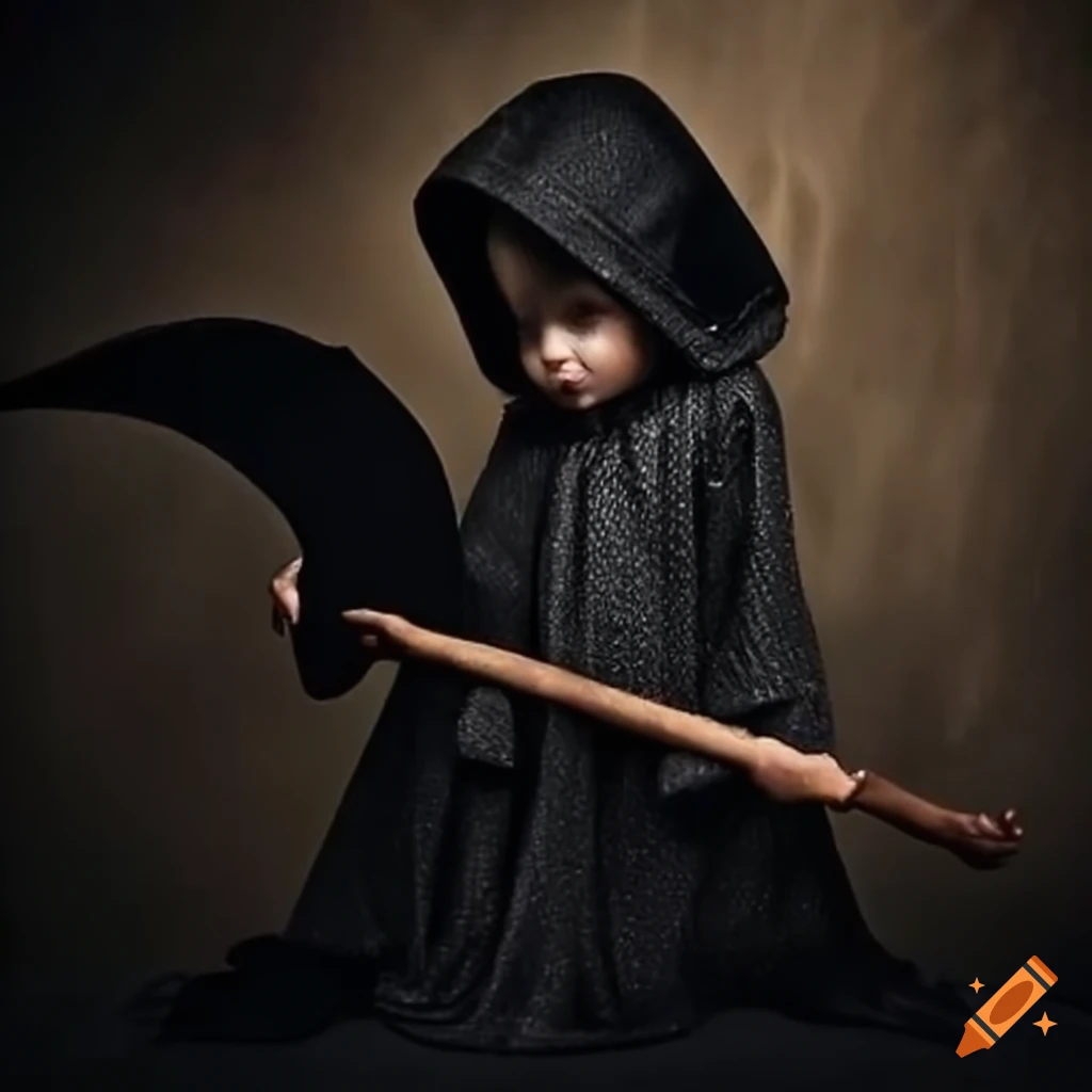 Illustration of a toddler grim reaper with Scythe and giant ant on Craiyon