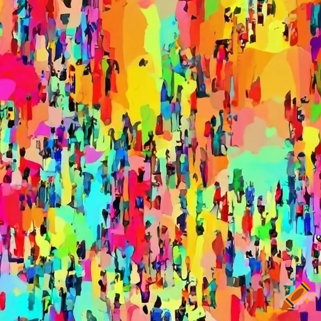 Abstract mosaic painting of a crowd in a maze