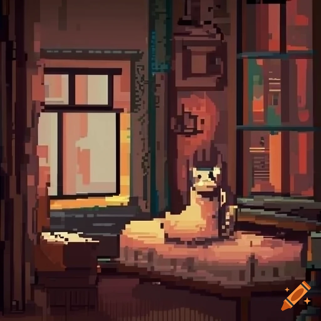 Pixel art of cozy room with cat gazing at rainy cityscape