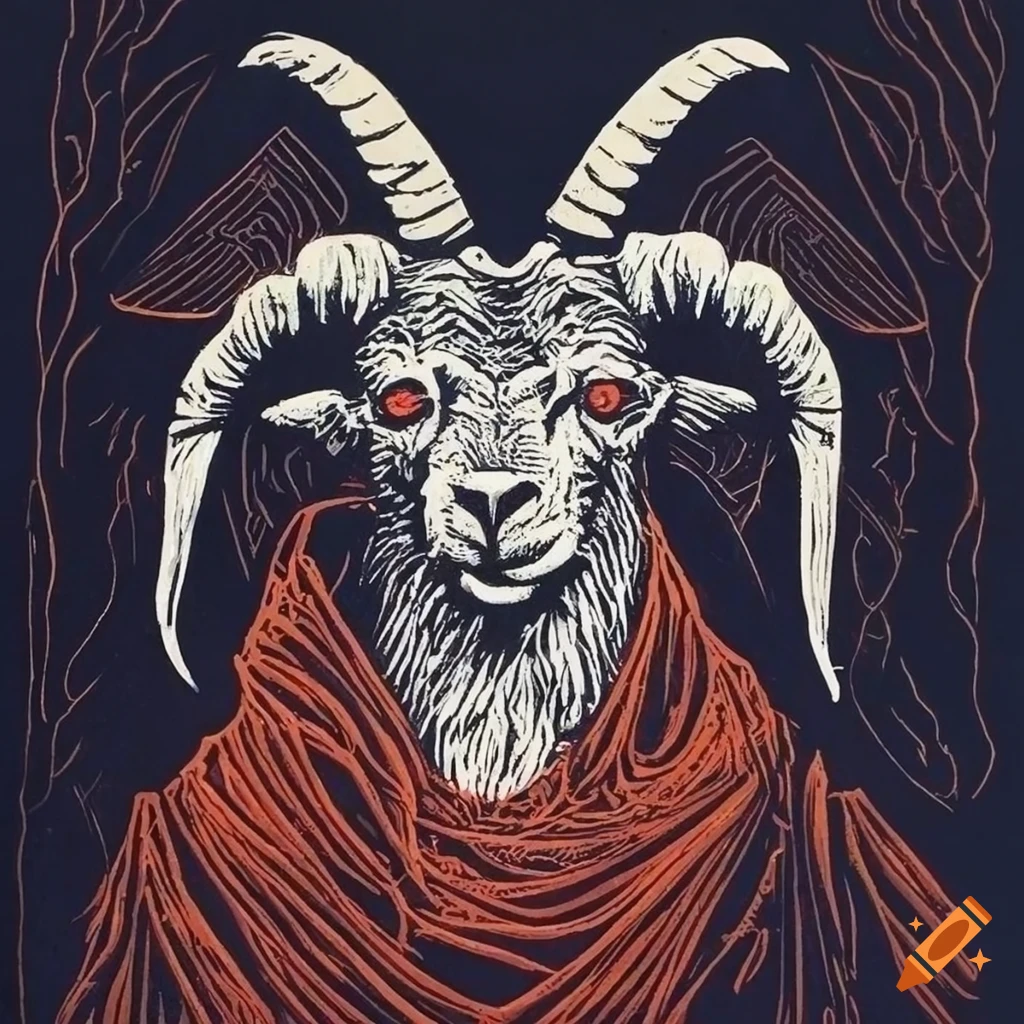 Linocut artwork of leonard the sabbatic goat demon