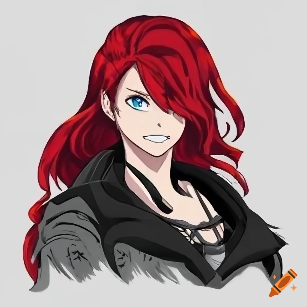 Manga-style female rogue with long red hair and piercing blue eyes