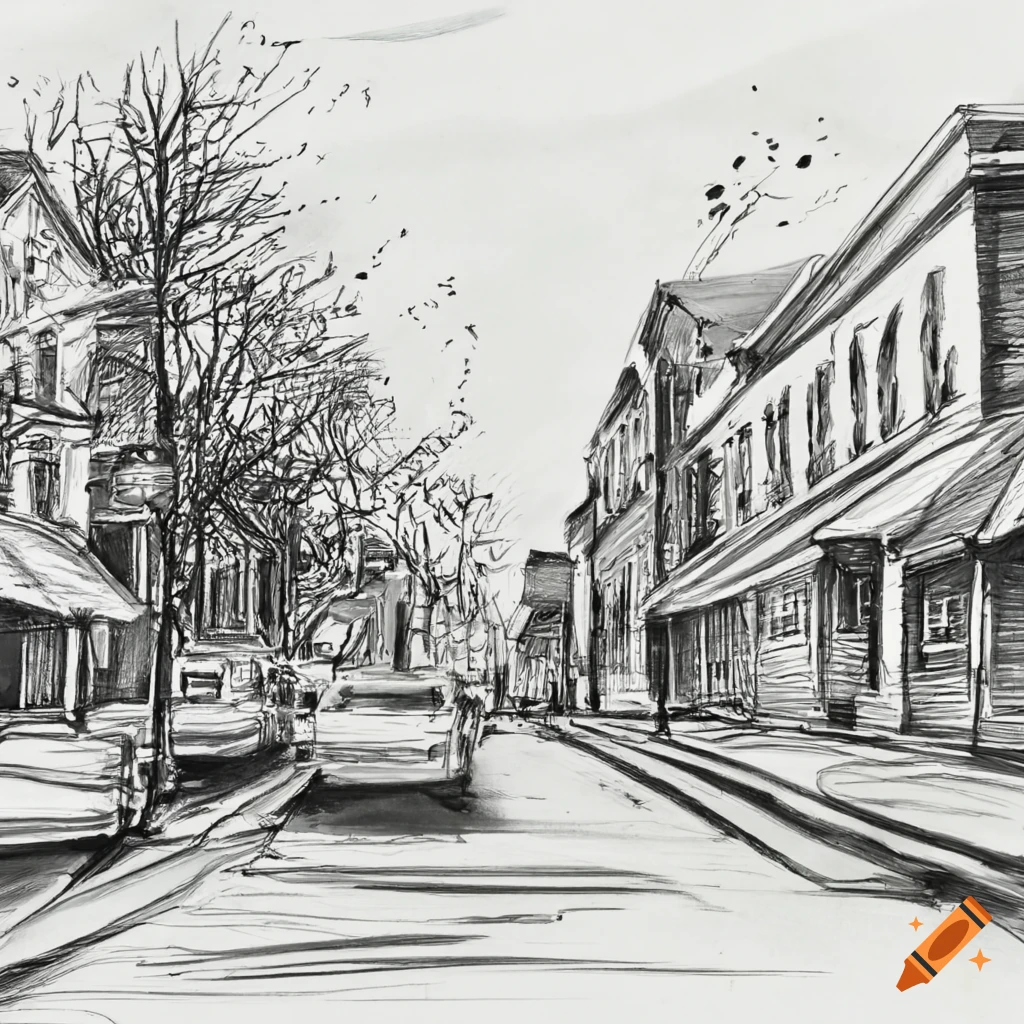 Sketch of a suburban main street in new jersey