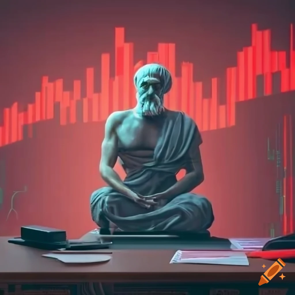 Greek philosopher with red trading charts