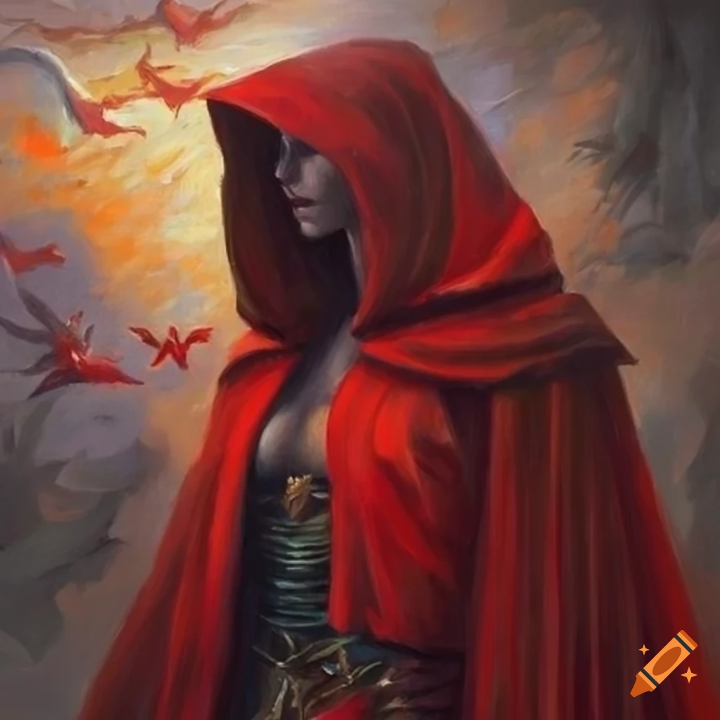 Red cloak in a fantasy oil painting on Craiyon
