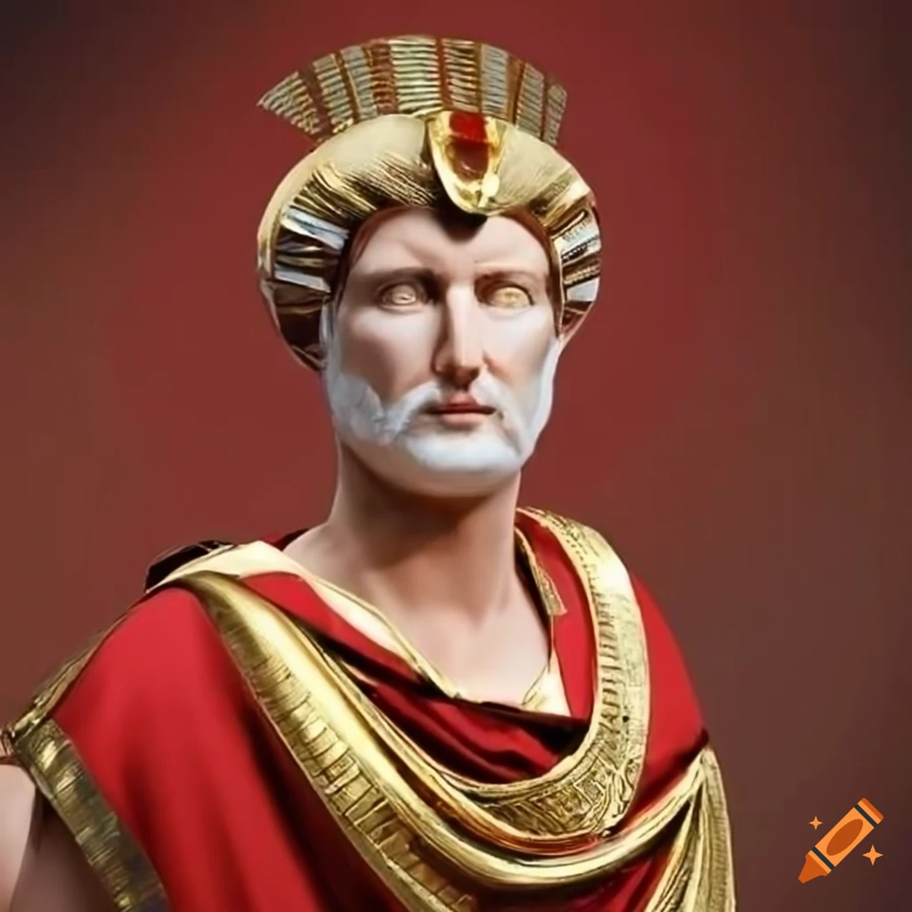 Hadrian dressed as a pharaoh in red and gold attire