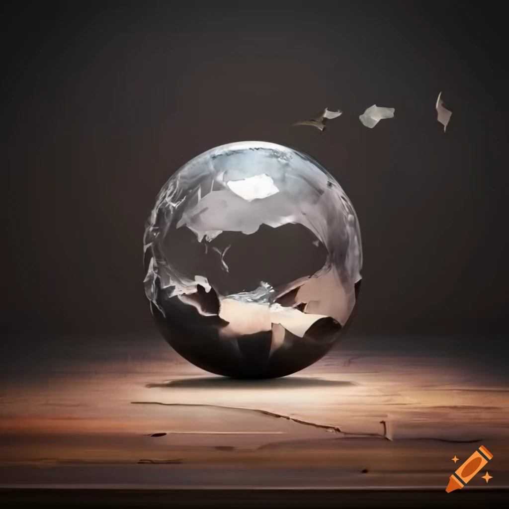 Photograph of a broken transparent sphere on an old table
