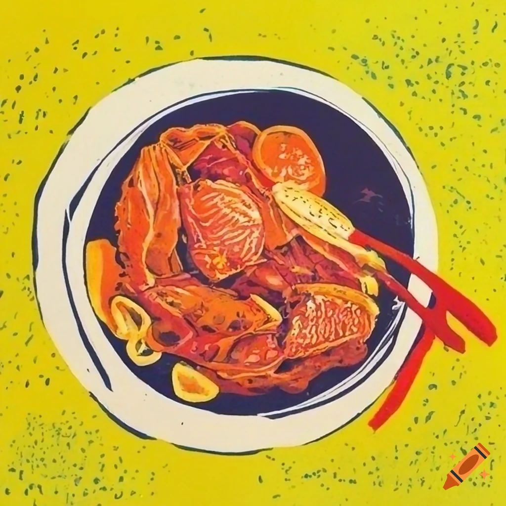 Vibrant linocut artwork of a meal
