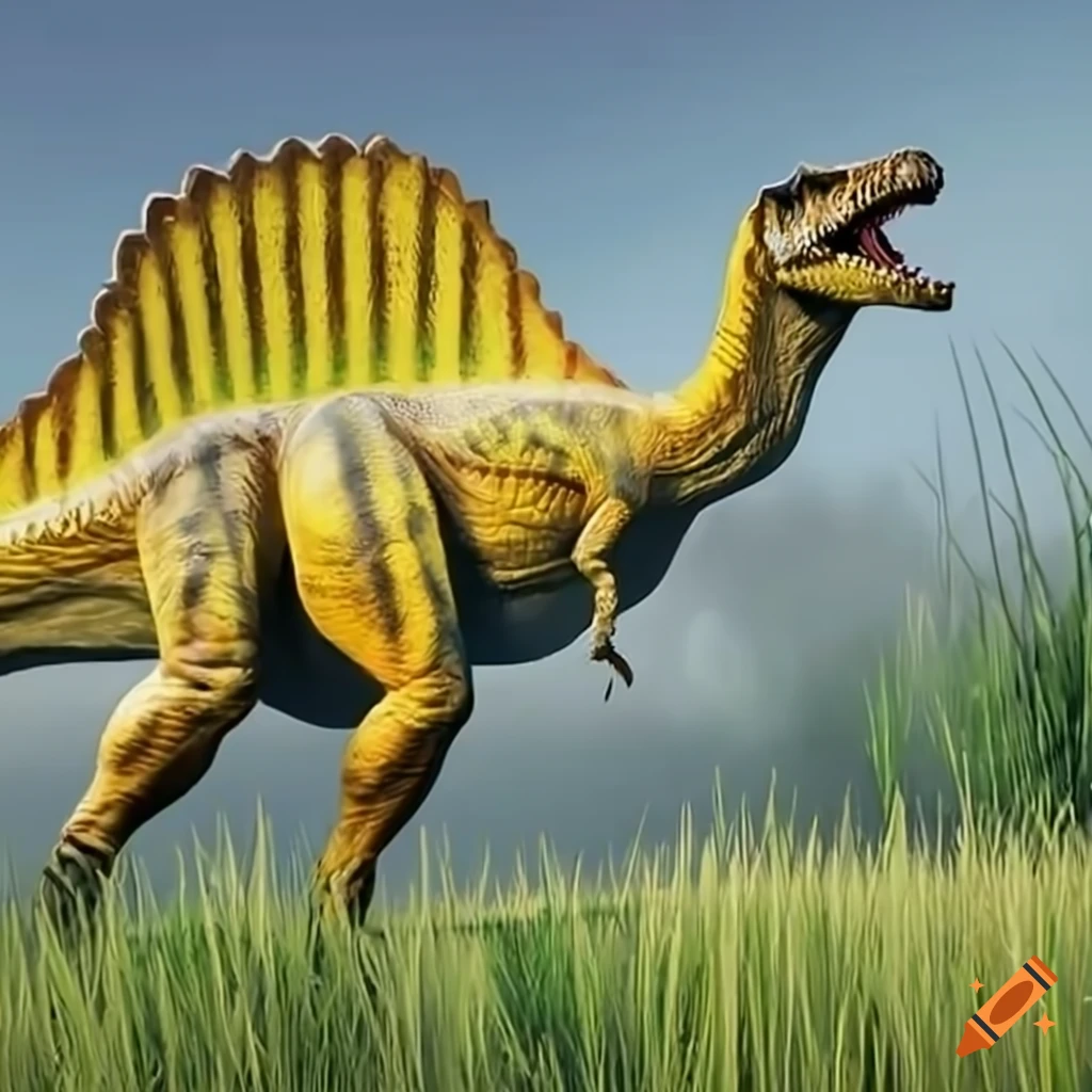Image of a yellow spinosaurus in tall grass