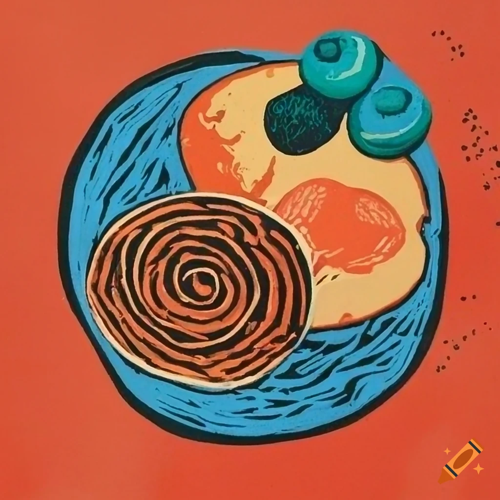 Vibrant linocut art of a meal