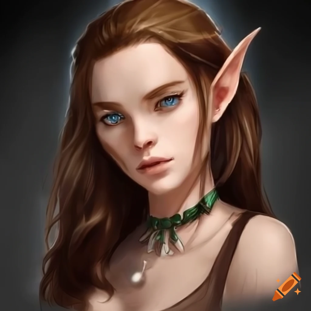 Pale blue-eyed female elf with brown hair